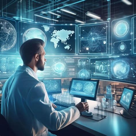A Scientist Working In A Hightech Laboratory Surrounded By Multiple