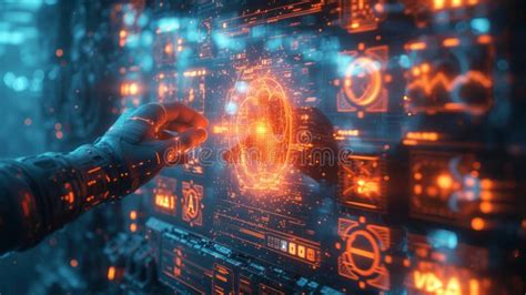 Futuristic Digital Interface Of Ai And Hand Of Operator In Dark Control Room Person Uses