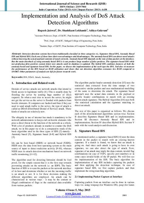 Implementation And Analysis Of Dos Attack Detection Algorithms
