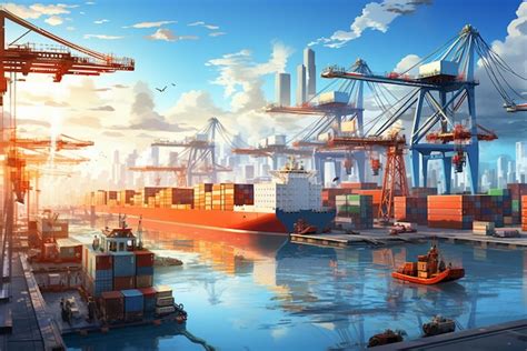 Premium Photo Busy Seaport With Cargo Ships Being Loaded And Unloaded Cranes Lifting