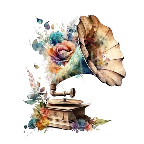 Watercolor Vintage Gramophone Clipart Phonograph Clipart Record