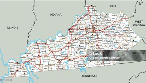 High Detailed Kentucky Road Map With Labeling Stock Illustration