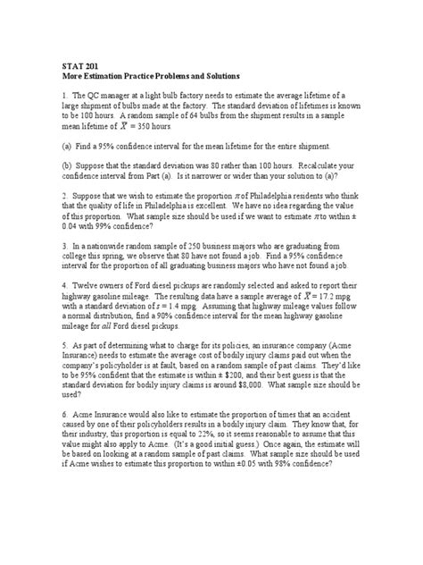Stat 201 More Estimation Practice Problems And Solutions Pdf