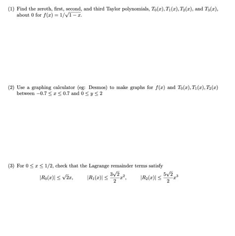 solved 1 find the zeroth first second and third taylor