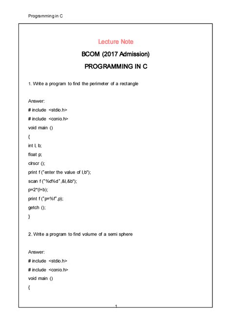 Bcom Programming In C 2 Programming In C 1 Lecturenote Bcom 2017 Admission Programminginc