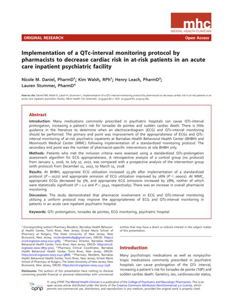 PDF Implementation Of A QTc Interval Monitoring Protocol By Pharmacists To Decrease Cardiac