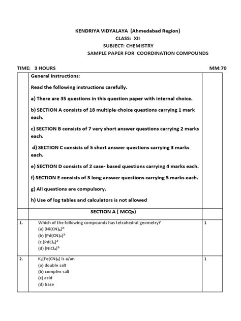 Coordination Compounds Sample Paper For Coordination Compounds With Multiple Choice And Long