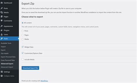 Advanced Export Export Wordpress Site Data Including Widget Customizer And Media Files
