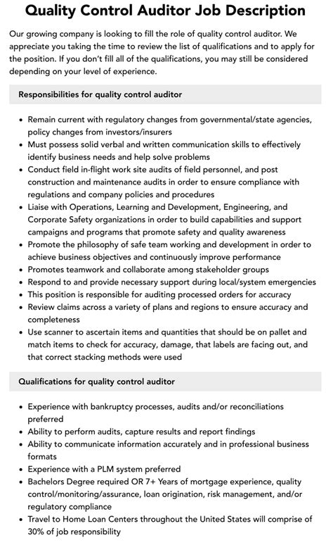 Quality Control Auditor Job Description Velvet Jobs