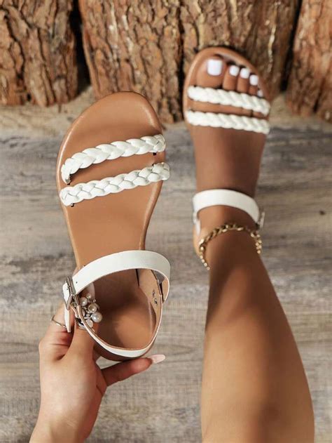 Women Braided Detail Ankle Strap Sandals Vacation Summer Flat Sandals