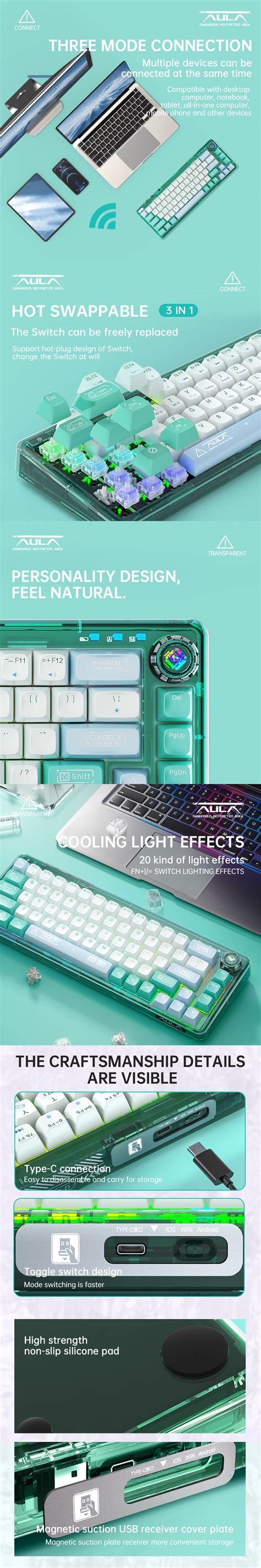 Aula F68 60 Mini Wireless Keyboard Rgb Backlit 3 Modes Professional Gaming