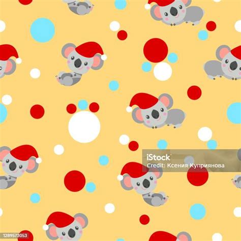 빨간 크리스마스 모자를 쓰고 코알라 아기들과 함께 누워 웃고 있는 매끄러운 패턴 노란색 배경입니다 흰색 빨간색 및 파스텔 블루 색종이 엽서 스크랩북 섬유 벽지 및 포장지