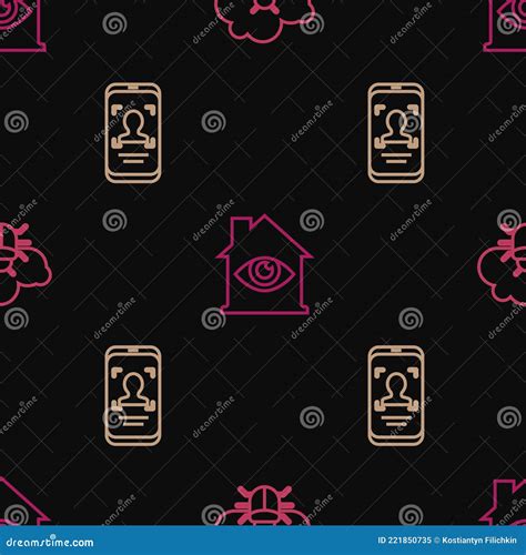 Set Line System Bug On A Cloud Mobile And Face Recognition And House With Eye Scan On Seamless