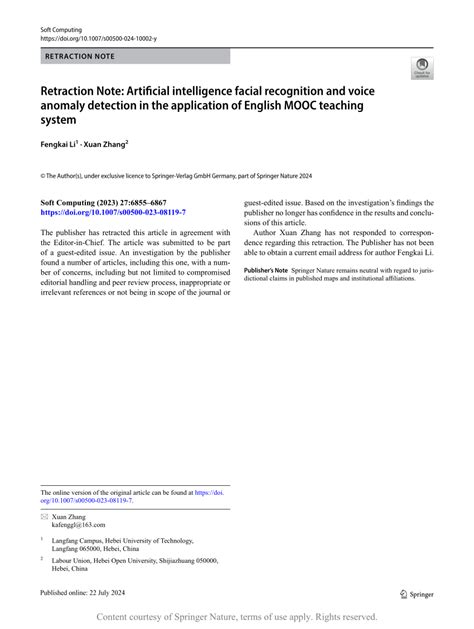 Retraction Note Artificial Intelligence Facial Recognition And Voice