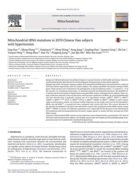 Pdf Mitochondrial Trna Mutations In 2070 Chinese Han Subjects With Hypertension