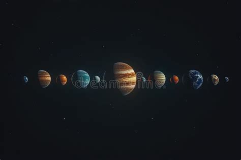 Solar System With Nine Planets Aligned In Curve Against Dark Space