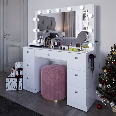 Boahaus Vanity Desk Glass Top With 7 Drawers And Lights Crystal Knobs