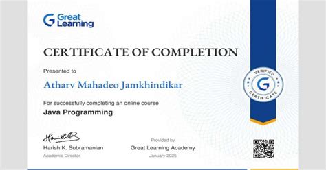 java programming course completion certificate for atharv mahadeo