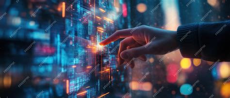A Hand Interacts With A Digital Interface Displaying Data And Glowing Elements Premium Ai