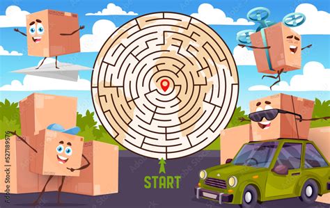 labyrinth maze cartoon package box characters with world map