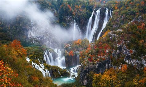 Plitvice Croatia Parks Waterfalls Autumn Crag Trees Hd Wallpaper