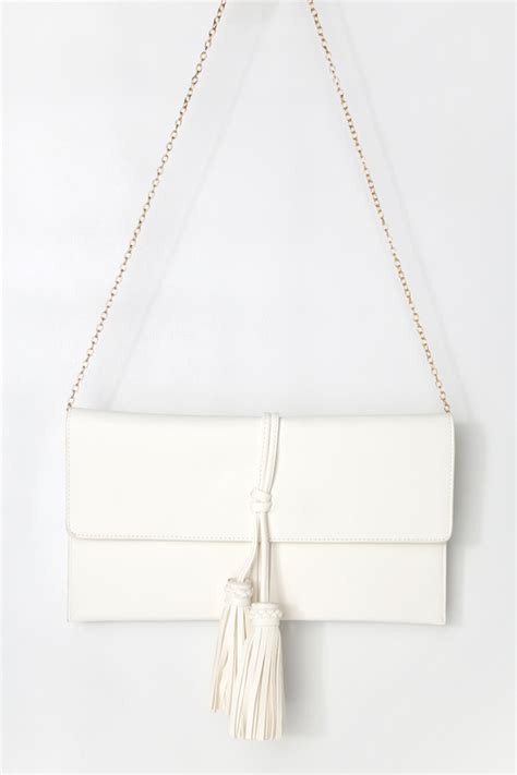 White Tassel Clutch Rectangle Clutch Vegan Leather Clutch Lulus