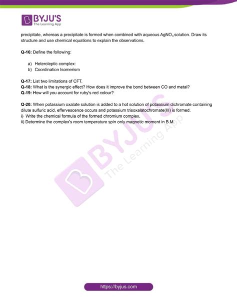 Class 12 Chemistry Worksheet On Chapter 9 Coordination Compounds Set 1