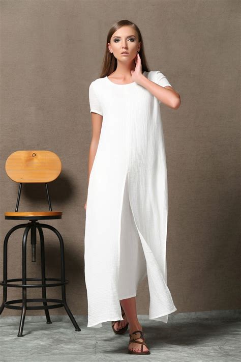 Short Sleeve White Maxi Linen Dress For Women Summer Cotton Linen Solid Casual Side Slit Ankle
