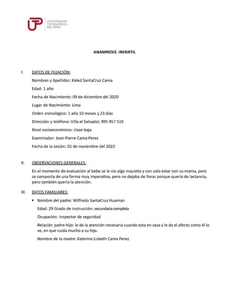 Anamnesis Infantil Kaled Anamnesis Infantil I Datos De FiliaciÓn Nombres Y Apellidos Kaled