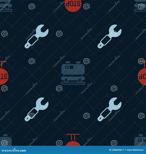 Set Stop Sign Oil Railway Cistern And Wrench Spanner On Seamless Pattern Vector Stock Vector