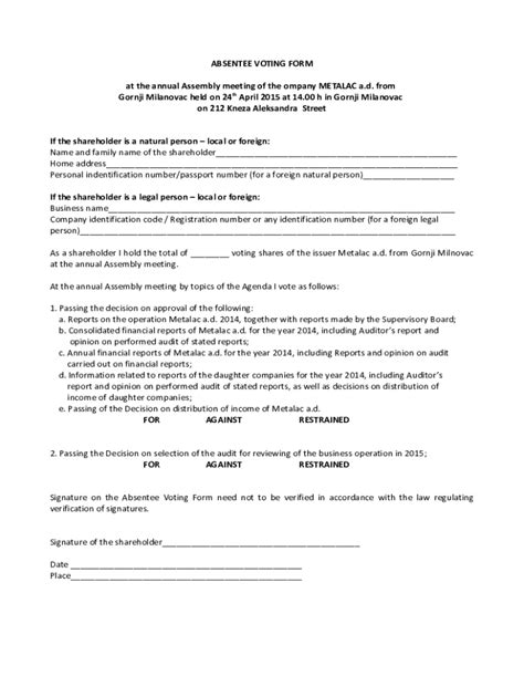 Fillable Online Absentee Voting Form For Metalac A D Annual Assembly Meeting 2015 Fax Email