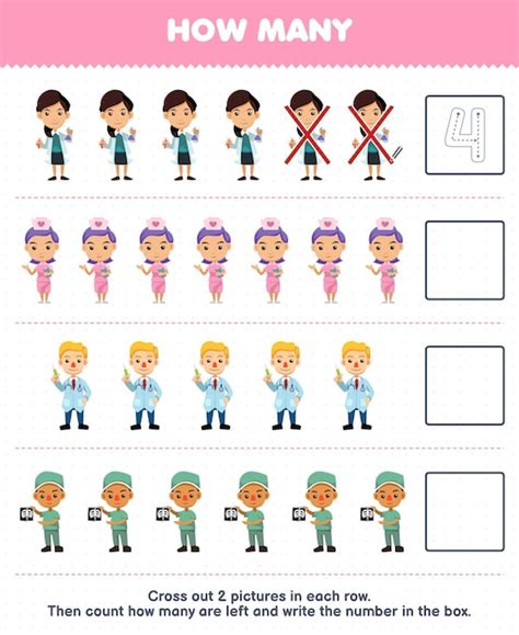 어린이를 위한 교육 게임은 귀여운 만화 의사 간호사의 수를 세고 상자 인쇄 가능한 직업 워크시트에 숫자를 씁니다 프리미엄 벡터