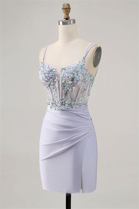 Zapaka Women Lavender Bodycon Homecoming Dress Sequins Corset Appliqued