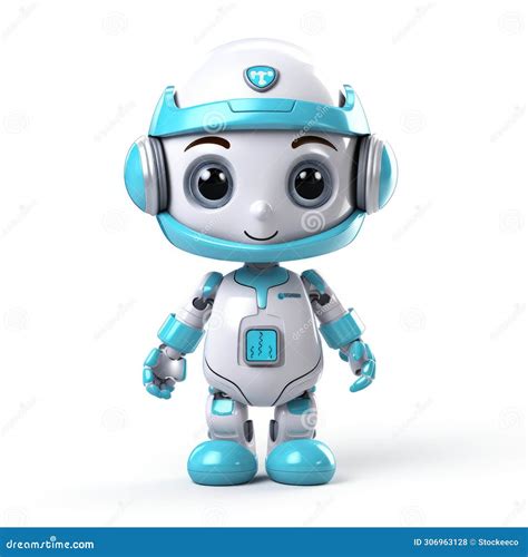Cute Humanoid Robot 3d Rendering With Blue Helmet And Shoes Stock