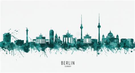 Watercolor Silhouette Of Berlin Skyline With Iconic Landmarks In Teal