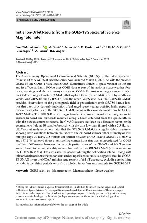 Pdf Initial On Orbit Results From The Goes 18 Spacecraft Science Magnetometer
