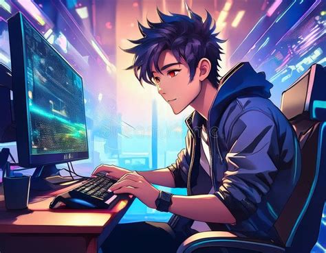 man playing video games and coding software in anime style illustration