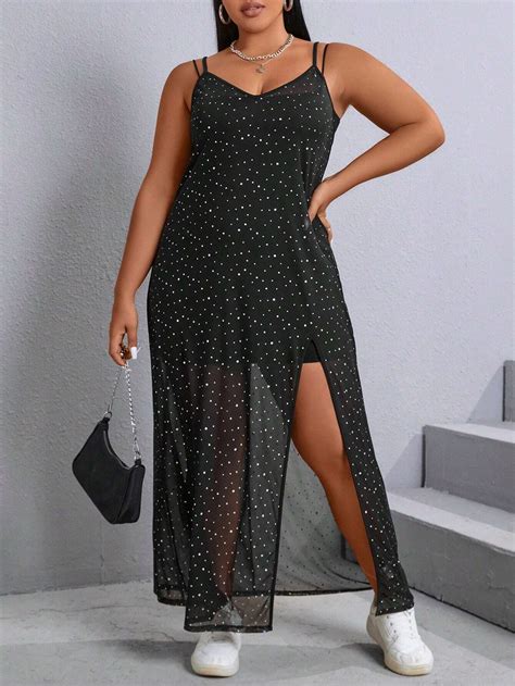 Shein Curve Plus Size Shiny Sequin Mesh Split Hem Thigh Cami Dress