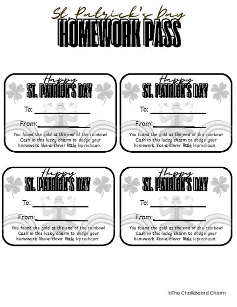 St Patricks Day Holiday Homework Passes Color Black And White