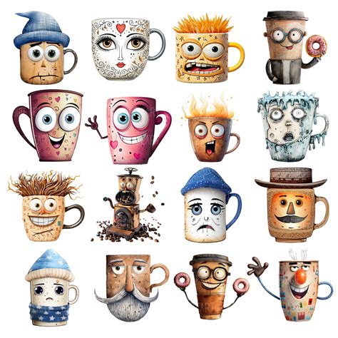 Whimsical Coffee Mugs Clipart Mixed Media Quirky Coffee Cup Cu Clip