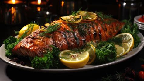 Delicious Fried Baked Salmon Fish With Lemons Stock Illustration
