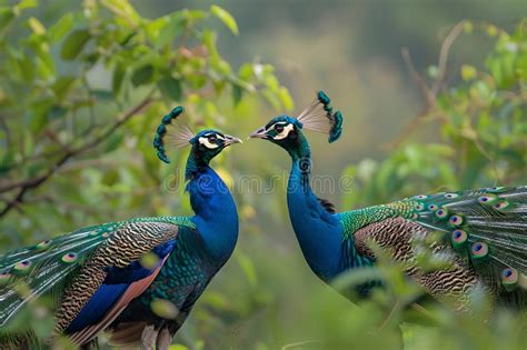 Two Majestic Peacocks In A Tender Display In Nature Vibrant Colors And