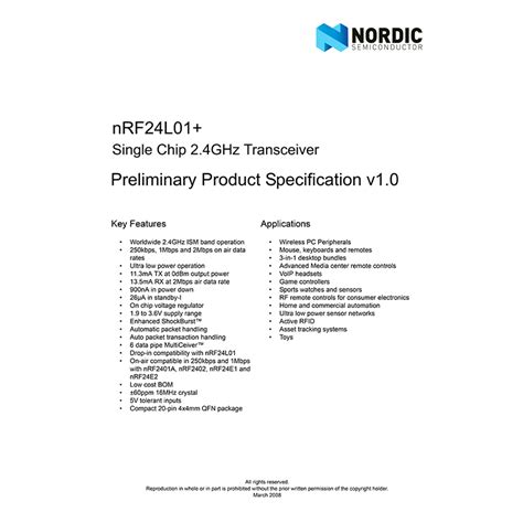 Nrf24l01 Nordic Semi Chip 24ghz Transceiver Datasheet