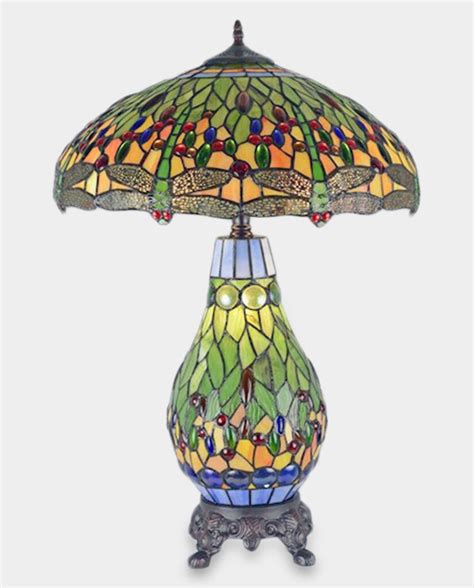 Stained Glass Lamp Tiffany Style Luminous Base Green Dragonfly