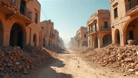 Desert Town Street Devastation After Earthquake In North Africa Buildings Crumbled