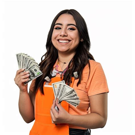 Cajera Femenina Con Dinero En Traje De Color Naranja Claro Aislado