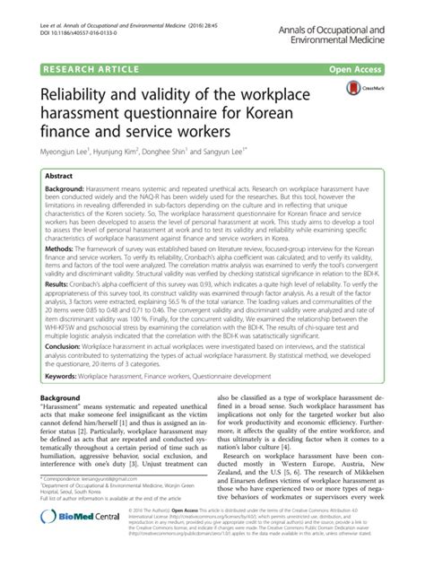 Reliability And Validity Of The Workplace Harassme Pdf Validity