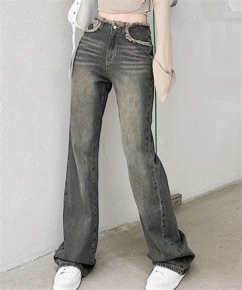 Y2k롱팬츠sm 데미지 와이드팬츠 하이웨스트 부츠컷 청바지 워싱진 일자바지 찢청 봄바지 키큰녀 바지 스트릿 댄스복 중청 오버핏 Y2k 롱와이드팬츠 회색바지 봄옷 워싱
