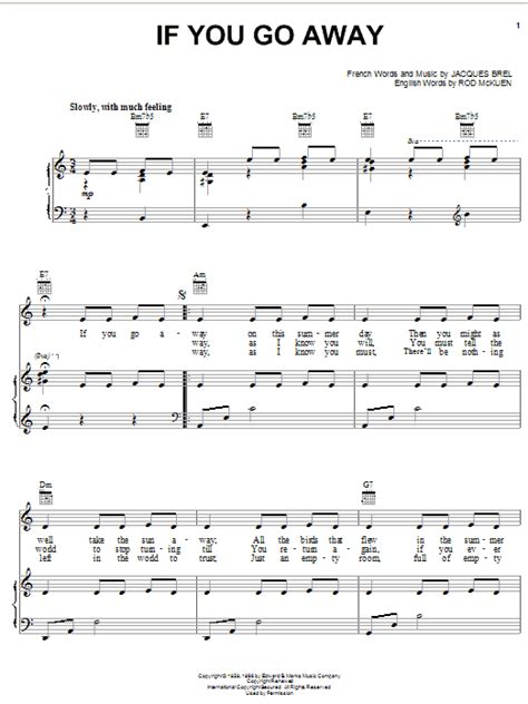 If You Go Away By Jacques Brel Sheet Music For Piano Vocal And Guitar