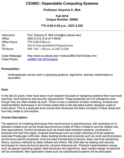 Cs386c Syllabus Cs386c Dependable Computing Systems Professor